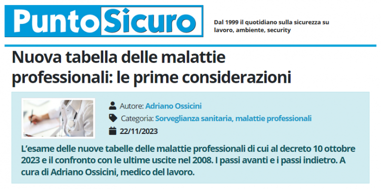 NUOVA TABELLA DELLE MALATTIE PROFESSIONALI: LE PRIME CONSIDERAZIONI ...